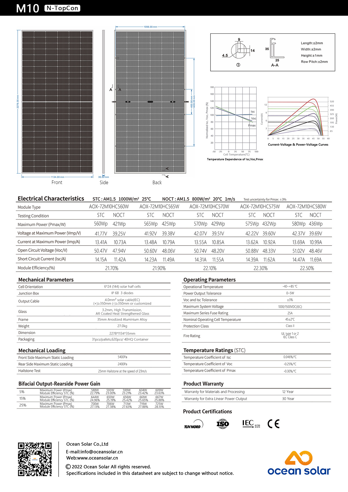 M10 MBB N-Type TopCon 144 Half Cells 560W-580W Bifacial Solar Module ...